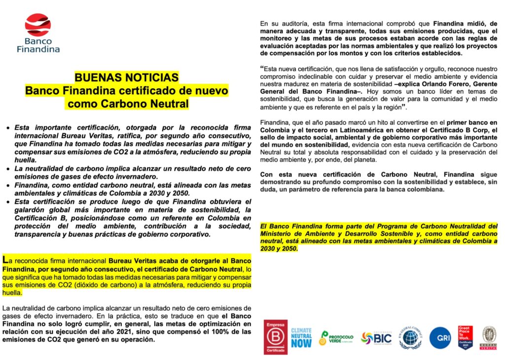 El Banco Finandina fue certificado nuevamente como Carbono Neutral ...